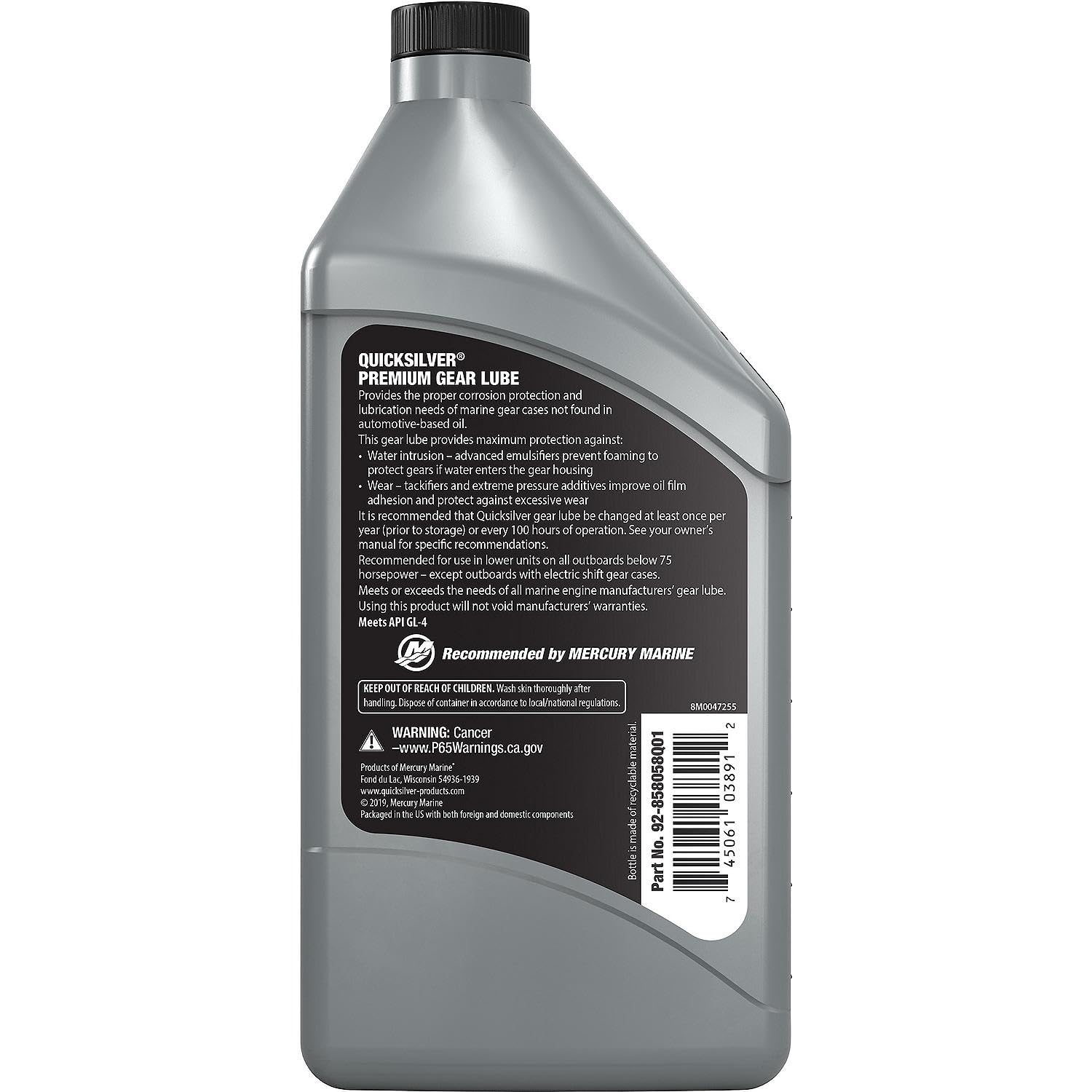 Quicksilver by Mercury Marine 80W-90 Premium Gear Lube, Marine Engine, 32 oz.