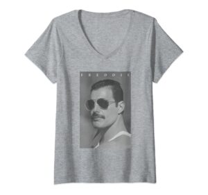 womens freddie mercury official b&w shades photo v-neck t-shirt