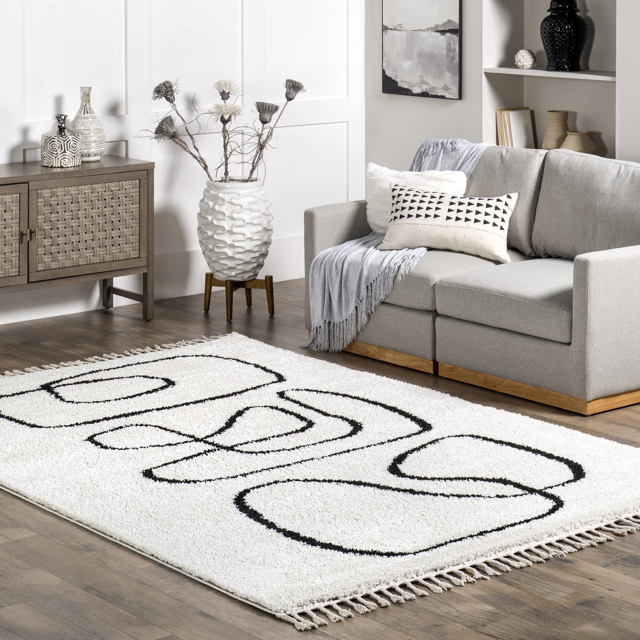 nuLOOM Aurelie Abstract Shag Tassel Area Rug, 8x10, White