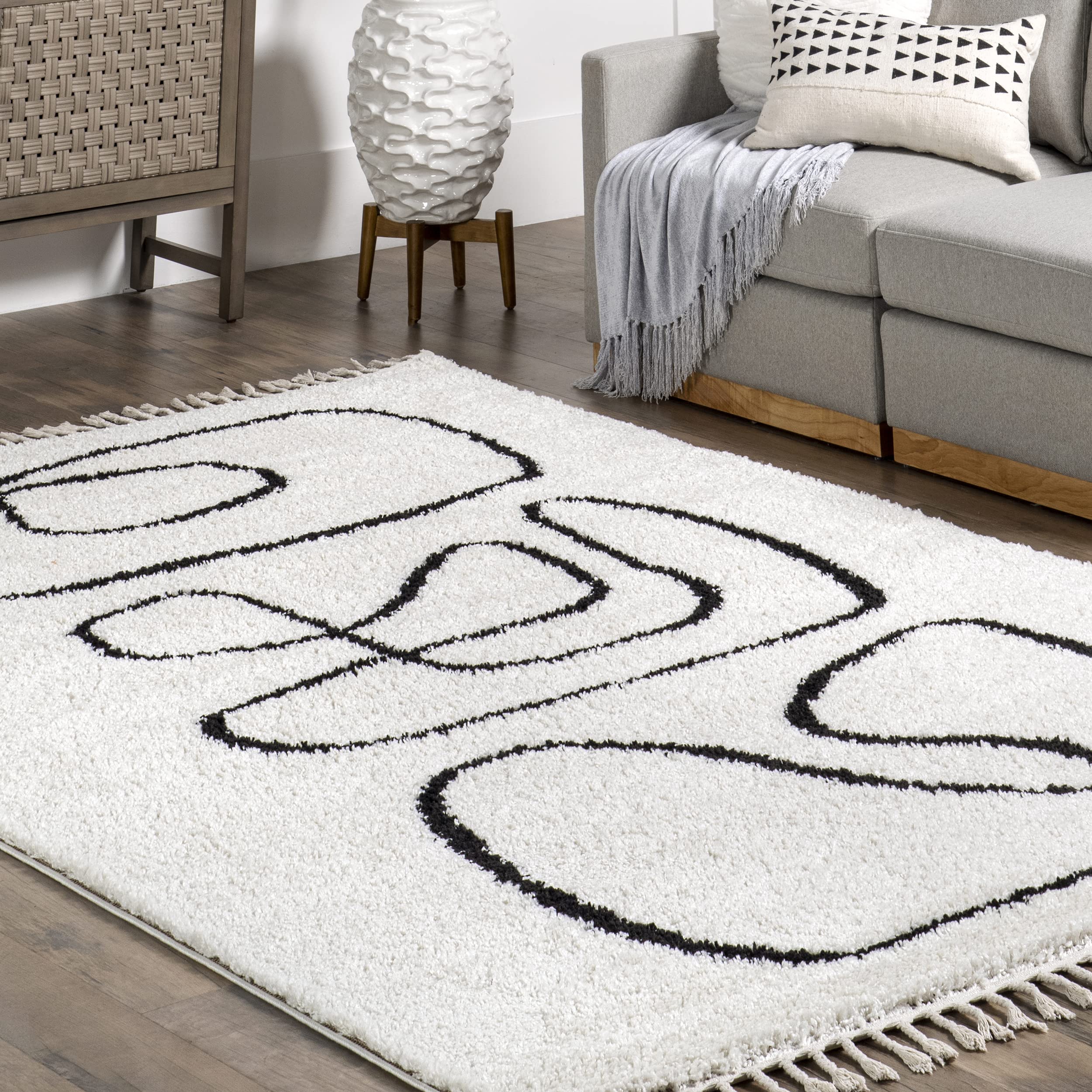 nuLOOM Aurelie Abstract Shag Tassel Area Rug, 8x10, White