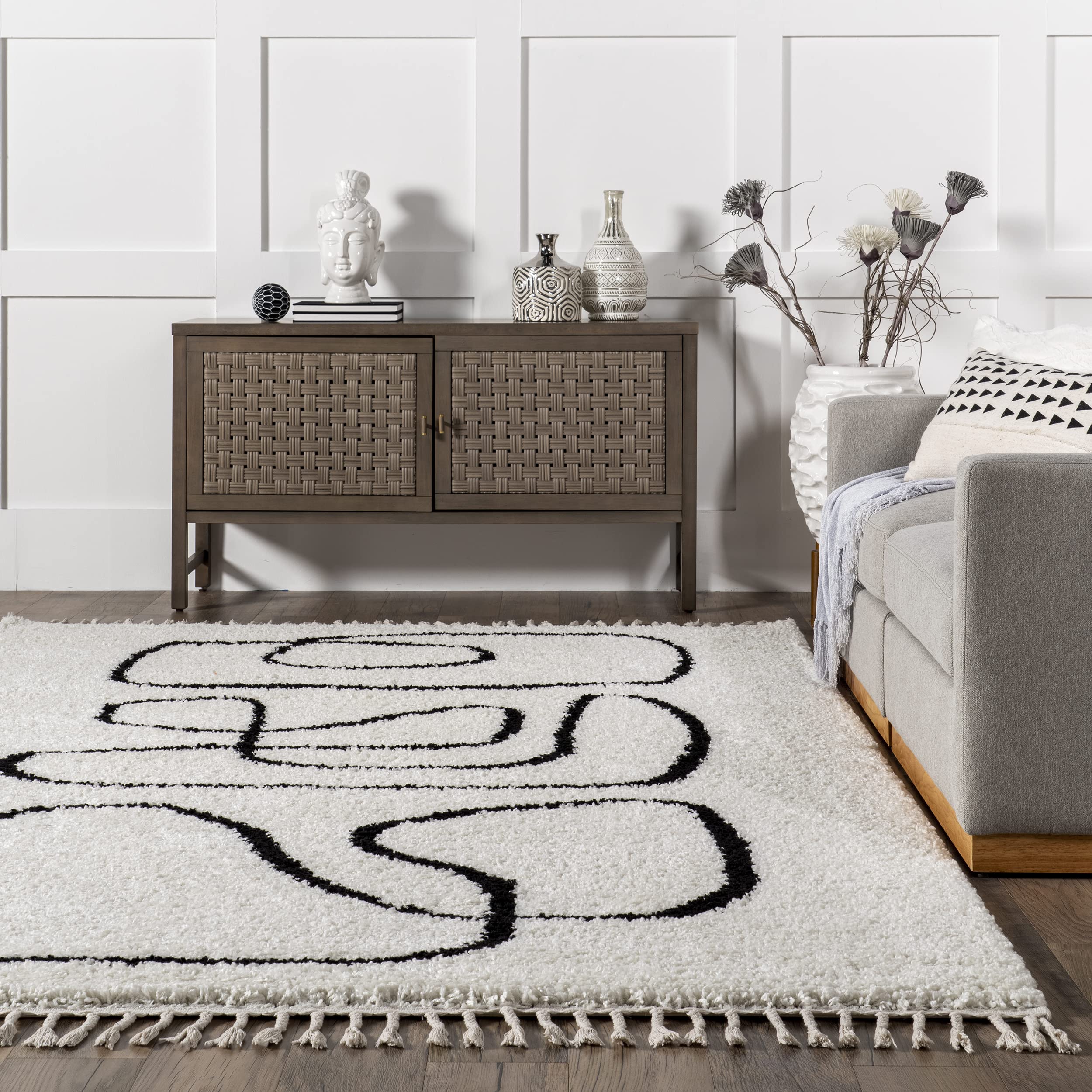 nuLOOM Aurelie Abstract Shag Tassel Area Rug, 8x10, White