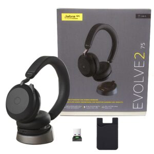 jabra evolve2 75 wireless headset stereo uc with charge stand, bluetooth dongle, compatible with zoom, webex, skype, smartphones, tablets, pc,mac, 27599-989-989, global teck gold support plan bundle