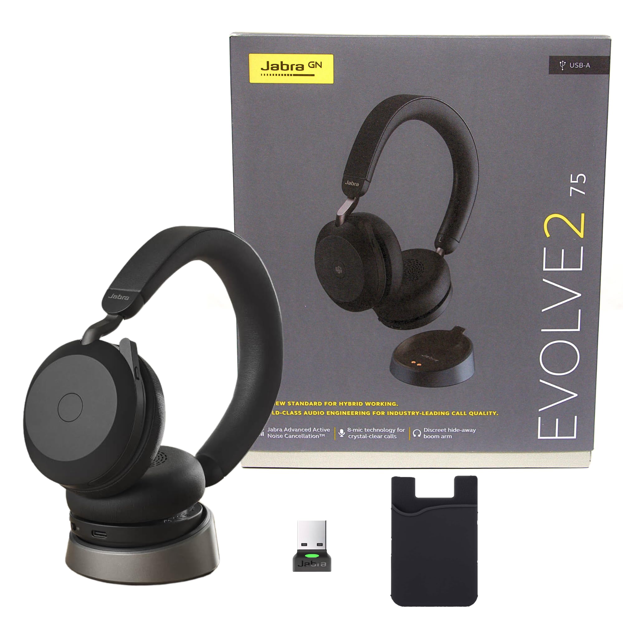 Jabra Evolve2 75 Wireless Headset Stereo UC with Charge Stand, Bluetooth Dongle, Compatible with Zoom, Webex, Skype, Smartphones, Tablets, PC,MAC, 27599-989-989, Global Teck Gold Support Plan Bundle