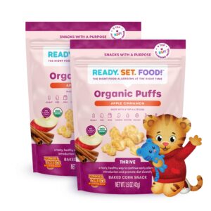 ready set food organic puffs – early allergen introduction snack puffs w/ 9 top allergens: organic peanuts, cashew, egg & more, no added sugar, babies 8+ months (daniel tiger apple cinnamon, 2 pack)