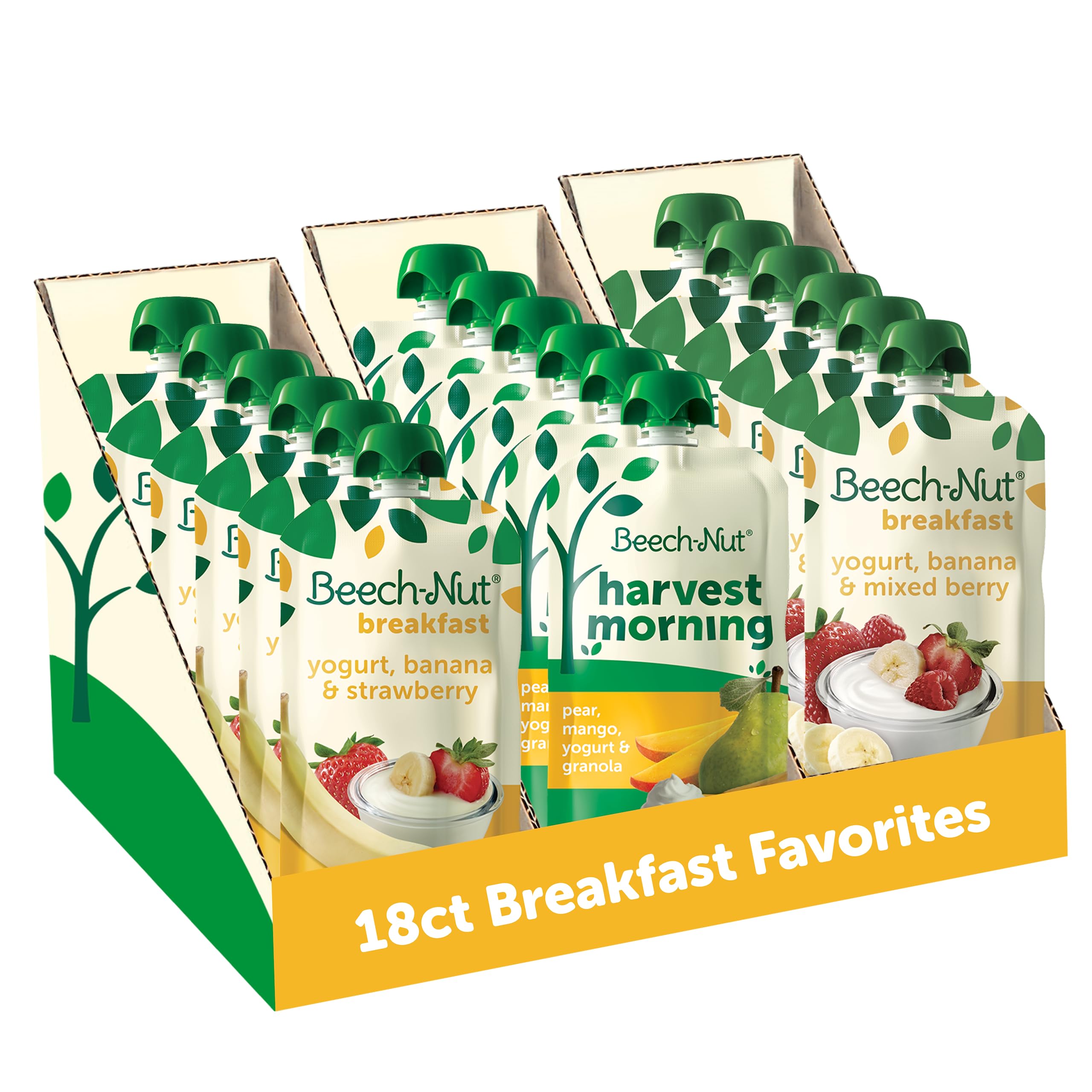 Beech-Nut Toddler Food Breakfast Pouches Variety Pack, Breakfast Favorites Fruit & Yogurt Purees, 3.5 oz (18 Pack)