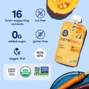 Cerebelly Baby Food Pouches – Organic Carrot Pumpkin (4 oz, Pack of 6) - Toddler Snacks - 16 Brain-supporting Nutrients, Healthy Snacks, Made with Gluten-Free Ingredients, No Added Sugar