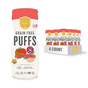 serenity kids 6+ months grain free puffs toddler & baby snack | no added sugar, gluten & rice free, allergen free | made with organic cassava, veggies, and herbs | tomato & herbs | 6 count