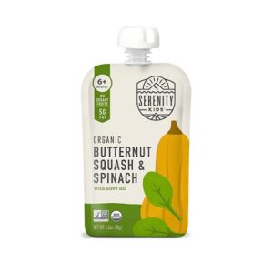 serenity kids 6+ months usda organic veggie puree baby food pouches | no sugary fruits or added sugar | allergen free | 3.5 ounce bpa-free pouch | butternut squash & spinach | 6 count