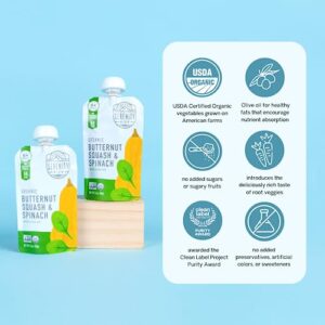 Serenity Kids 6+ Months USDA Organic Veggie Puree Baby Food Pouches | No Sugary Fruits or Added Sugar | Allergen Free | 3.5 Ounce BPA-Free Pouch | Butternut Squash & Spinach | 6 Count