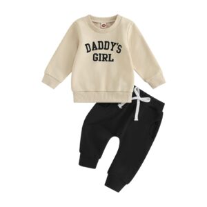 toddler baby girl clothes daddys girl long sleeve pullover sweatshirt stretch jogger pants infant fall winter outfit (daddys girl apricot black, 0-6 months)