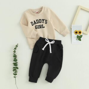 Toddler Baby Girl Clothes Daddys Girl Long Sleeve Pullover Sweatshirt Stretch Jogger Pants Infant Fall Winter Outfit (Daddys Girl Apricot Black, 0-6 Months)