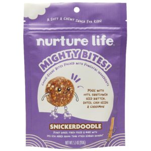 nurture life mighty bites - snickerdoodle - healthy snacks for kids & toddlers made with oats sunflower seed butter, dates, chia seeds and cinnamon - plant-based, low-sugar, high fiber - 15 pieces (pack of 1)