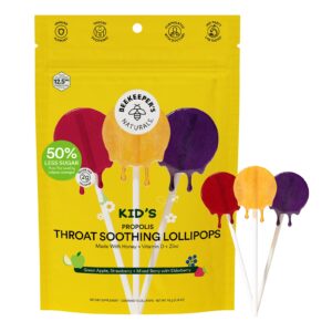 kids throat soothing lollipops by beekeeper's naturals - doctor formulated immune support, vitamin d & honey, under 2g sugar, clean ingredients,15 ct