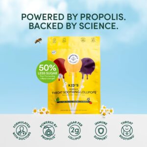 Kids Throat Soothing Lollipops by Beekeeper's Naturals - Doctor Formulated Immune Support, Vitamin D & Honey, Under 2g Sugar, Clean Ingredients,15 ct