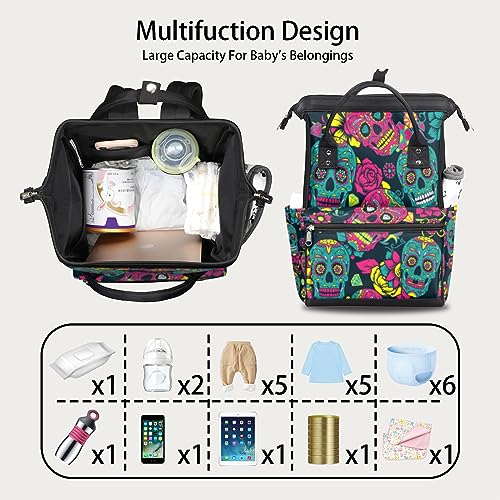 QsirBC Sugar Skulls Halloween Diaper Bag Backpack Mommy Bags with Pocket Stroller Straps Waterproof Daypack for Mom Dad Casual Travel