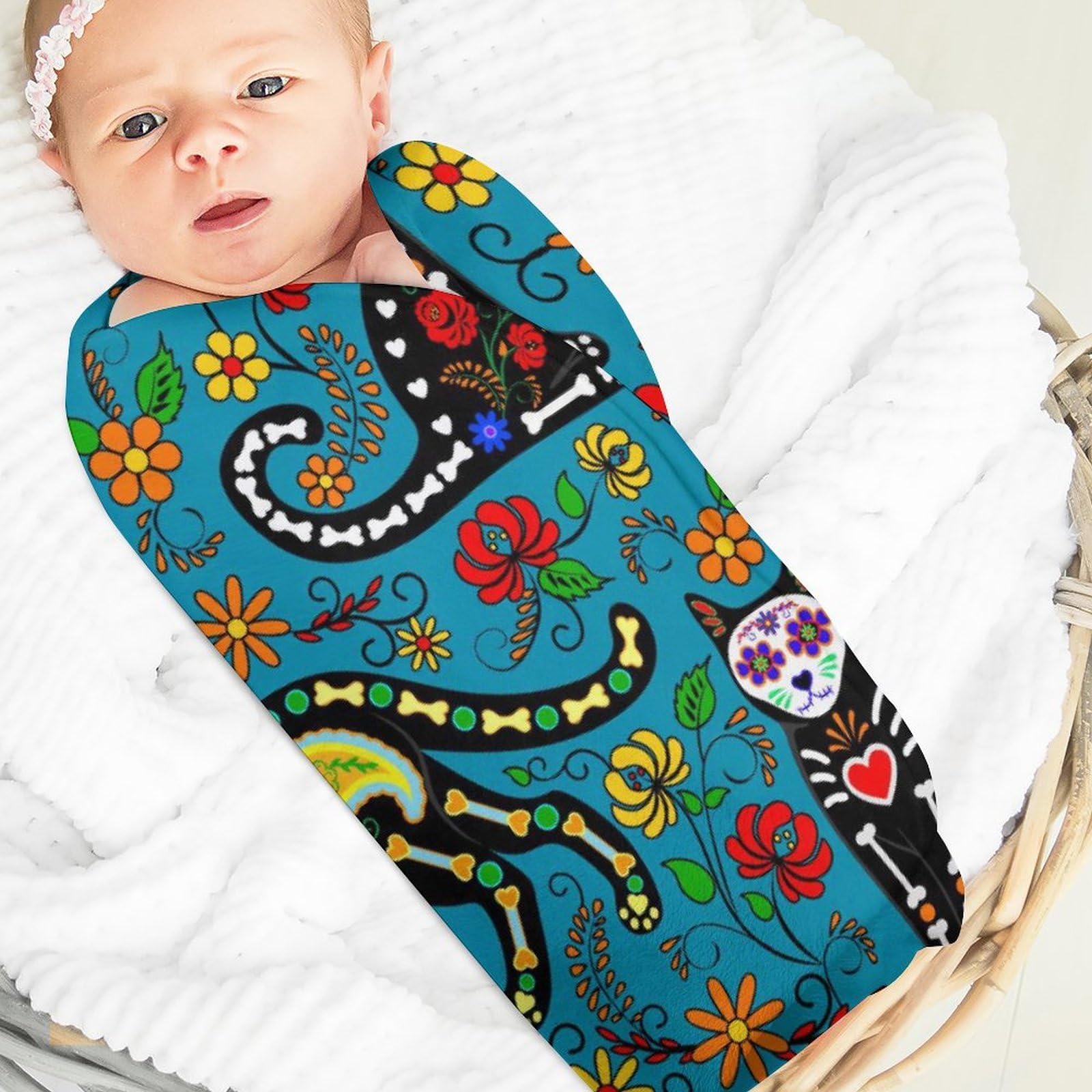 LAKIMCT Sugar Skull Cat Round Soft Baby Blankets for Boys Girls, Newborn Blanket for Suitable for Swaddling Sleep Stroller Cover Nursery Blanket, 35 Inch