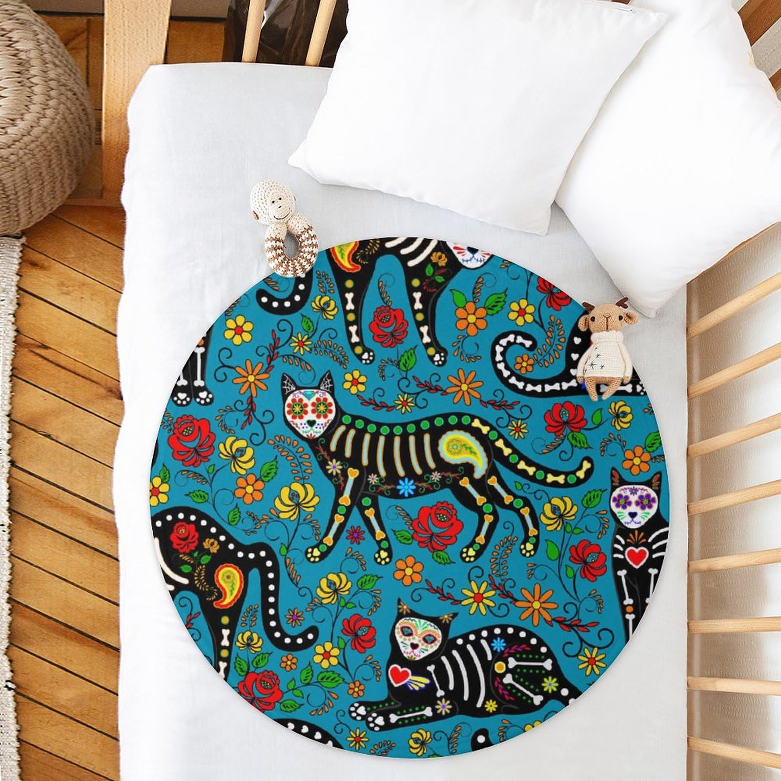 LAKIMCT Sugar Skull Cat Round Soft Baby Blankets for Boys Girls, Newborn Blanket for Suitable for Swaddling Sleep Stroller Cover Nursery Blanket, 35 Inch