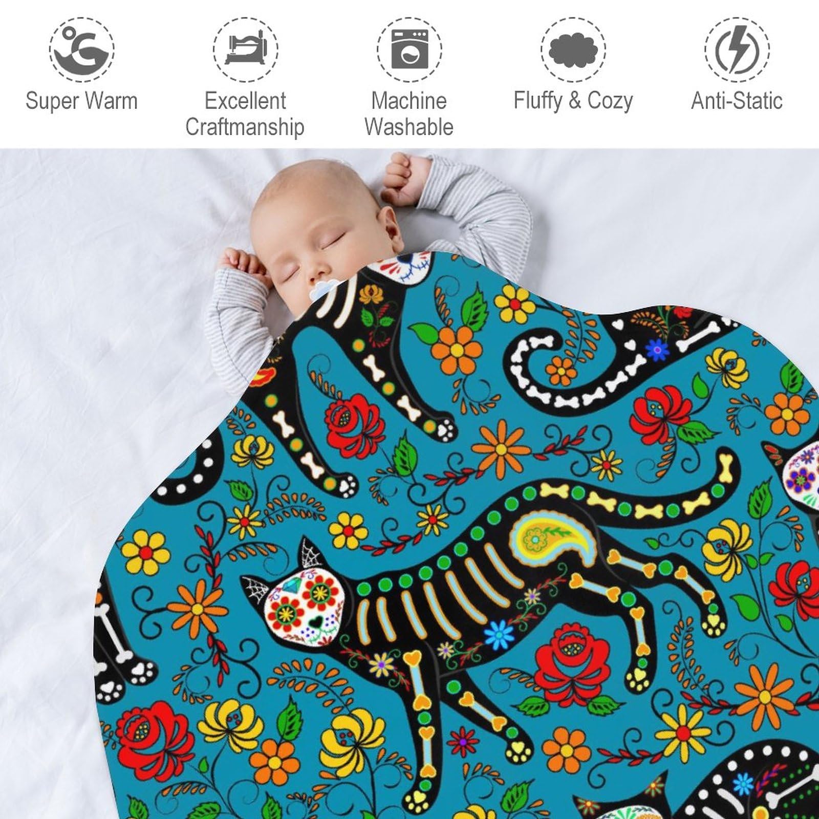 LAKIMCT Sugar Skull Cat Round Soft Baby Blankets for Boys Girls, Newborn Blanket for Suitable for Swaddling Sleep Stroller Cover Nursery Blanket, 35 Inch