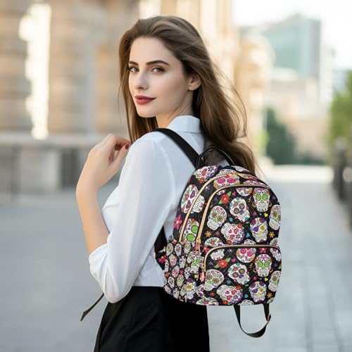 Yasala Halloween Women Backpack Sugar Skull Floral Heart Travel Bag Compact Daily Bag Diaper Bag