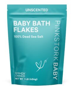 pink stork baby bath flakes, calming fragrance free magnesium bath salts for infants and toddlers to help soothe diaper rash, irritation, and support restful sleep without melatonin - 16 oz