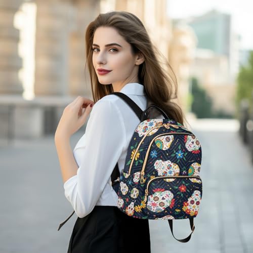 Yasala Halloween Women Backpack Sugar Skull Little Flower Travel Bag Compact Daily Bag Diaper Bag