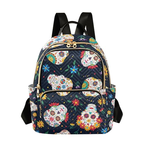 Yasala Halloween Women Backpack Sugar Skull Little Flower Travel Bag Compact Daily Bag Diaper Bag