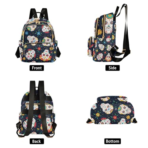 Yasala Halloween Women Backpack Sugar Skull Little Flower Travel Bag Compact Daily Bag Diaper Bag