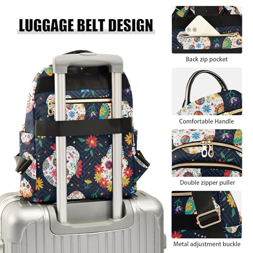 Yasala Halloween Women Backpack Sugar Skull Little Flower Travel Bag Compact Daily Bag Diaper Bag