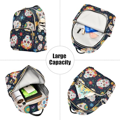 Yasala Halloween Women Backpack Sugar Skull Little Flower Travel Bag Compact Daily Bag Diaper Bag