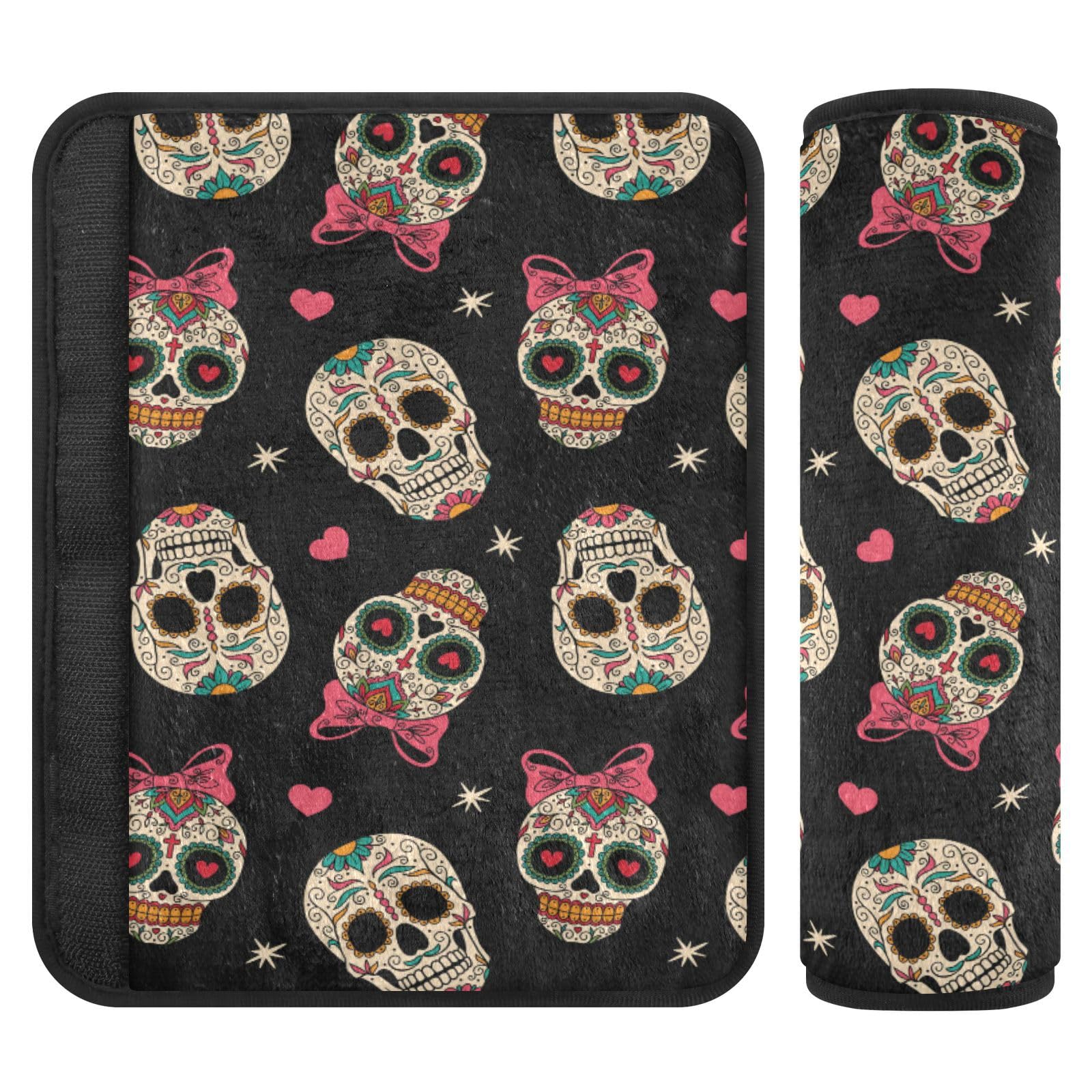 Sugar Skulls Seat Belt Covers for Baby Kid's Car Seat Strap Shoulder Seatbelt Covers 2 Pack Super Soft Car Seat Neck Cover for Boys Girls Adults Babies 6.5 in