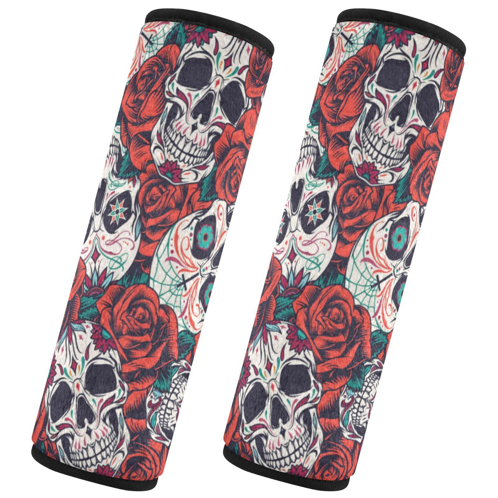 Sugar Skulls Roses Seat Belt Covers for Baby Kids Car Seat Strap Shoulder Seatbelt Covers 2 Pack Super Soft Car Seat Neck Cover for Boys Girls Adults Babies 6.5 in