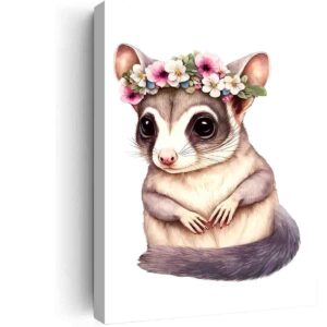 strraw sugar glider flower crown nursery botanical jungle wall art print decor,jungle theme baby room decor-baby girls & boys nursery decor,12"x18" canvas print with frame