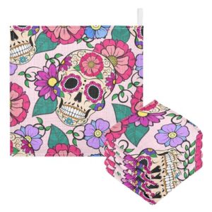 cupada 3 pack sugar skulls floral baby muslin washcloths, pink halloween face towel burp cloths ultra soft absorbent cotton bath wipes towels for newborn boys girls