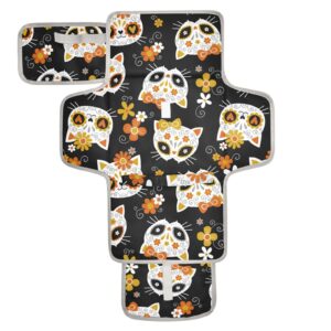 cat sugar skulls flowers portable changing pad for unisex baby toddler waterproof foldable baby changing mat with pillow & shoulder strap baby diaper clutch for gift home dresser traveling hiking