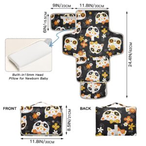 Cat Sugar Skulls Flowers Portable Changing Pad for Unisex Baby Toddler Waterproof Foldable Baby Changing Mat with Pillow & Shoulder Strap Baby Diaper Clutch for Gift Home Dresser Traveling Hiking