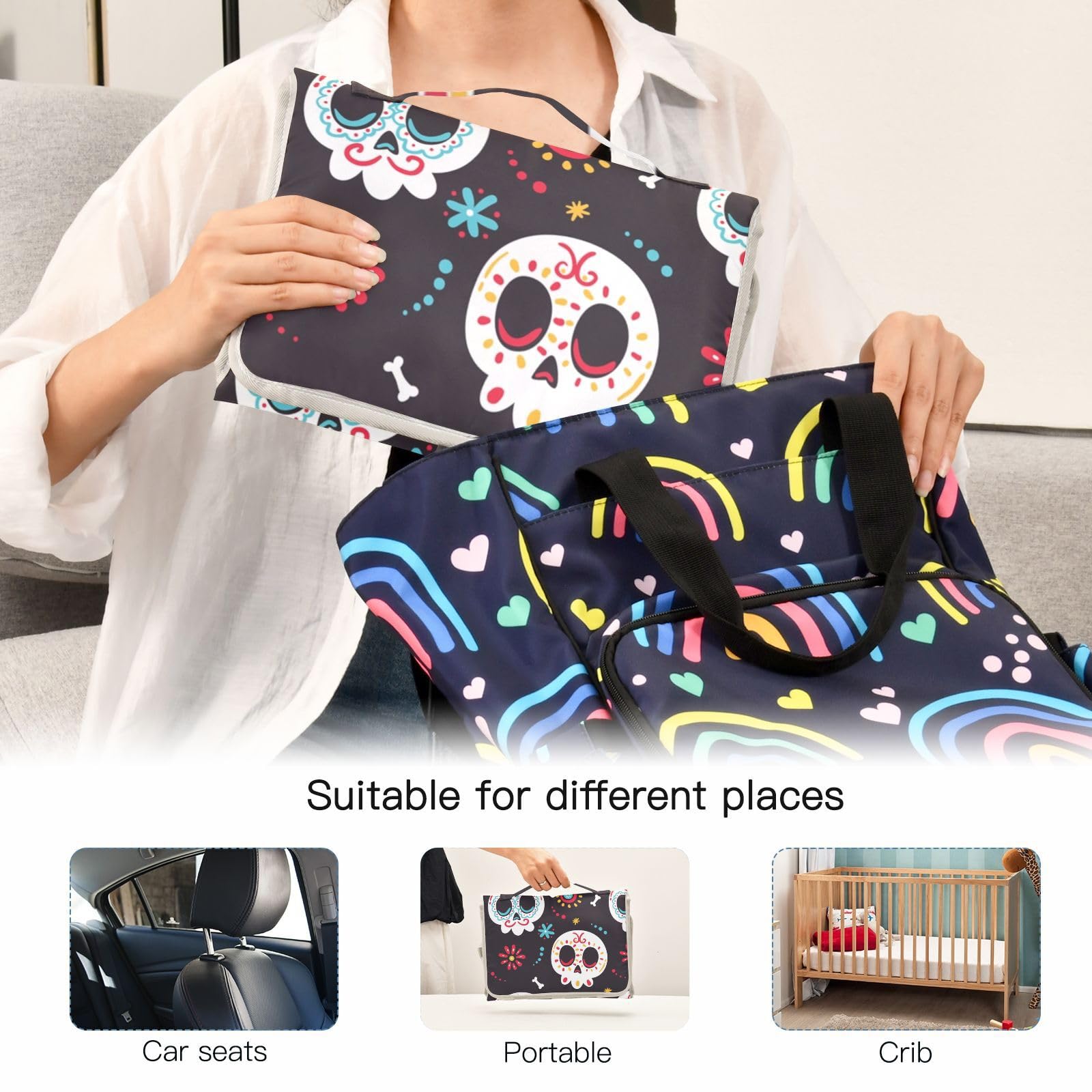 Dead Day Sugar Skull Portable Changing Pad for Unisex Baby Toddler Waterproof Foldable Baby Changing Mat with Pillow & Shoulder Strap Travel Changing Station for Traveling Walking Home Dresser Gift