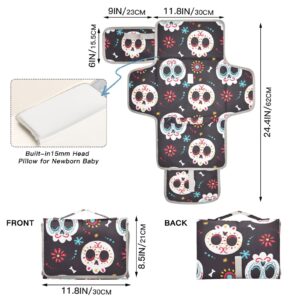 Dead Day Sugar Skull Portable Changing Pad for Unisex Baby Toddler Waterproof Foldable Baby Changing Mat with Pillow & Shoulder Strap Travel Changing Station for Traveling Walking Home Dresser Gift