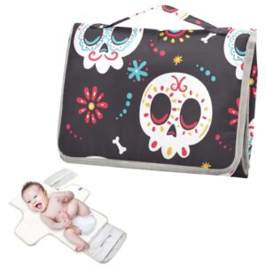 Dead Day Sugar Skull Portable Changing Pad for Unisex Baby Toddler Waterproof Foldable Baby Changing Mat with Pillow & Shoulder Strap Travel Changing Station for Traveling Walking Home Dresser Gift