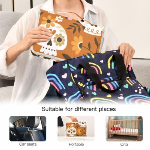 Sugar Skulls Flowers Portable Changing Pad for Unisex Baby Toddler Waterproof Foldable Baby Changing Mat with Pillow & Shoulder Strap Travel Diaper Mat for Dresser Gift Home Traveling Walking Hiking