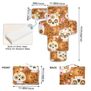 Sugar Skulls Flowers Portable Changing Pad for Unisex Baby Toddler Waterproof Foldable Baby Changing Mat with Pillow & Shoulder Strap Travel Diaper Mat for Dresser Gift Home Traveling Walking Hiking