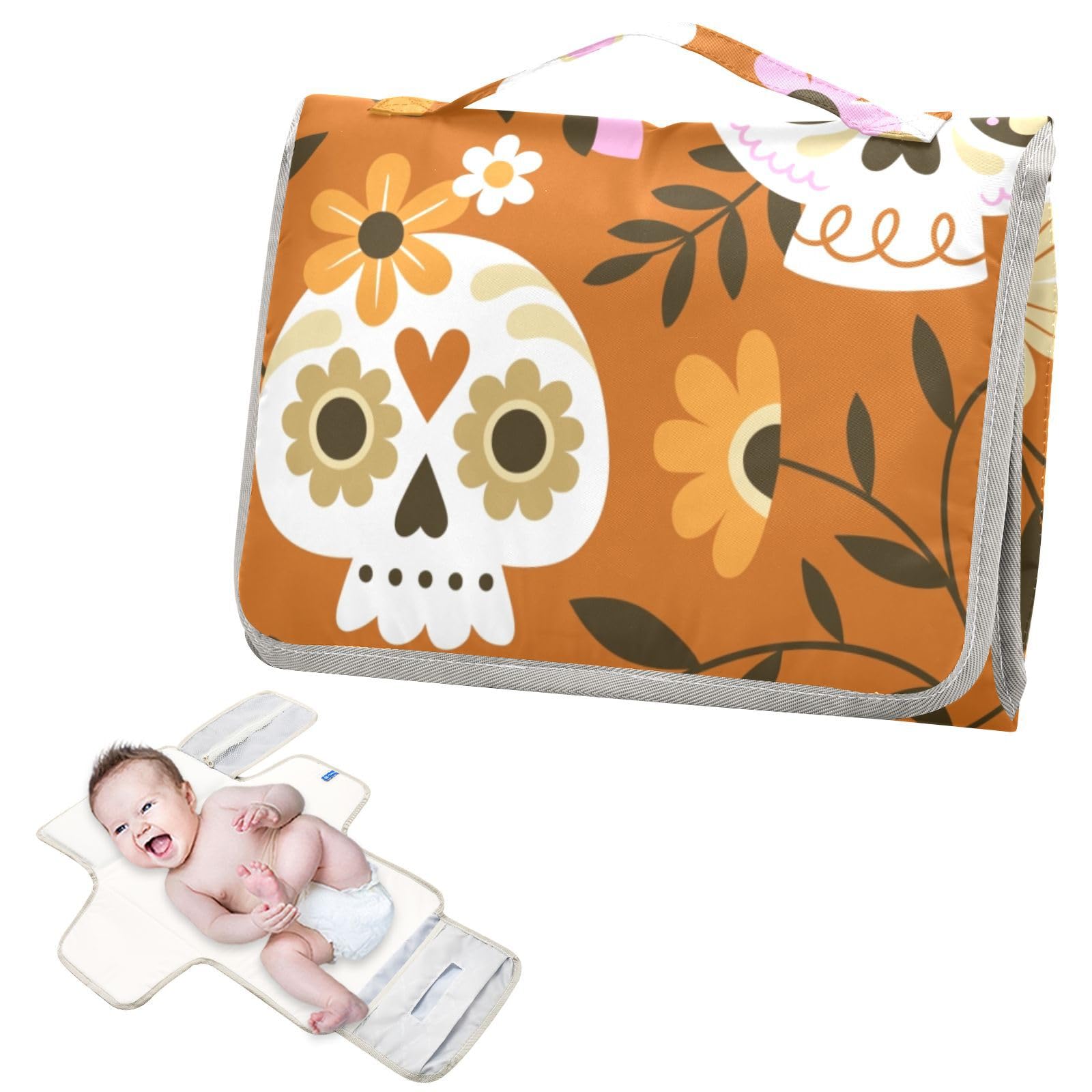 Sugar Skulls Flowers Portable Changing Pad for Unisex Baby Toddler Waterproof Foldable Baby Changing Mat with Pillow & Shoulder Strap Travel Diaper Mat for Dresser Gift Home Traveling Walking Hiking