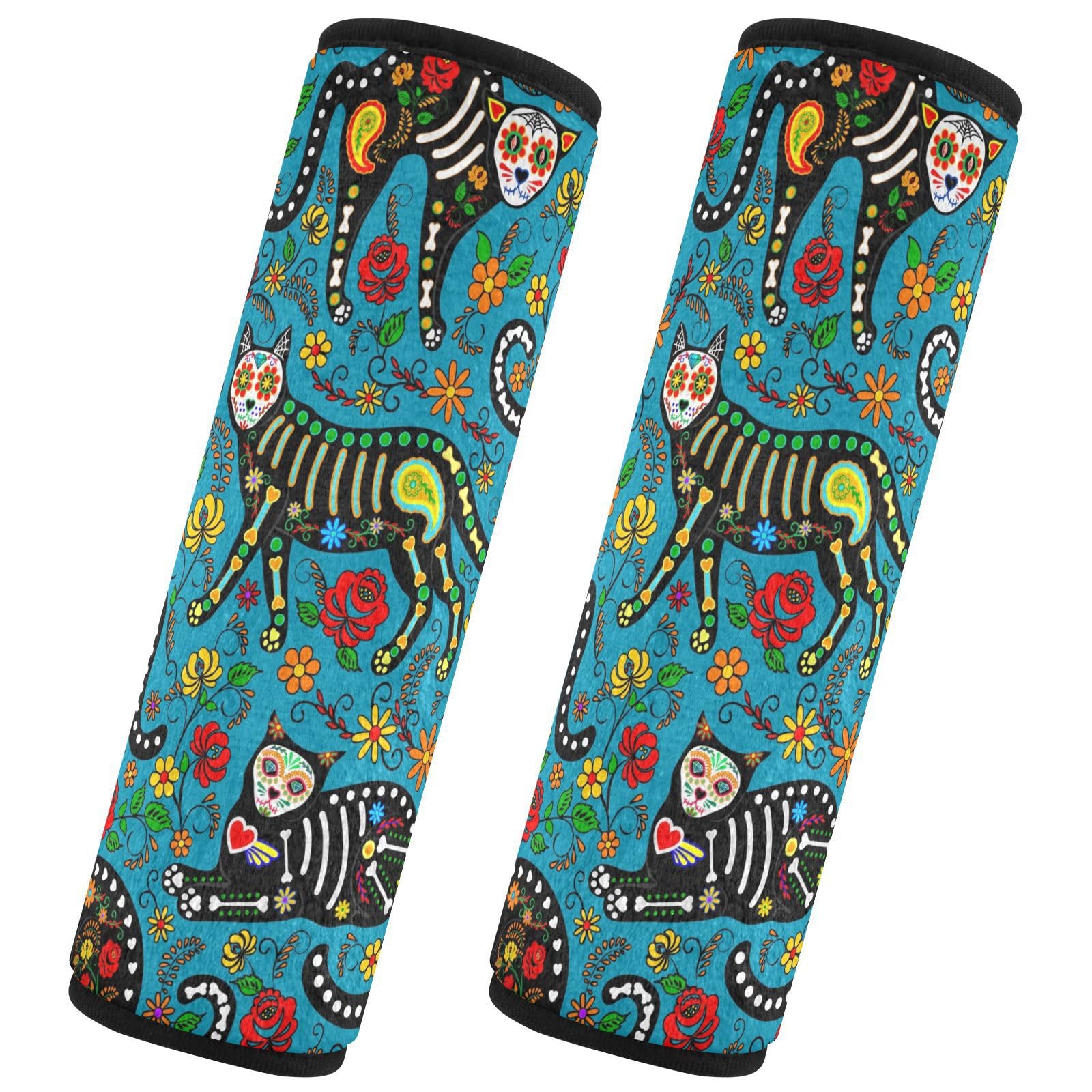 Halloween Sugar Skull Cat Seat Belt Covers 2 Pack Car Seat Strap Covers Super Soft Car Seat Neck Cover for Boys Girls Adults Babies