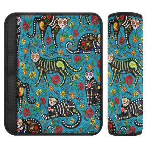 Halloween Sugar Skull Cat Seat Belt Covers 2 Pack Car Seat Strap Covers Super Soft Car Seat Neck Cover for Boys Girls Adults Babies