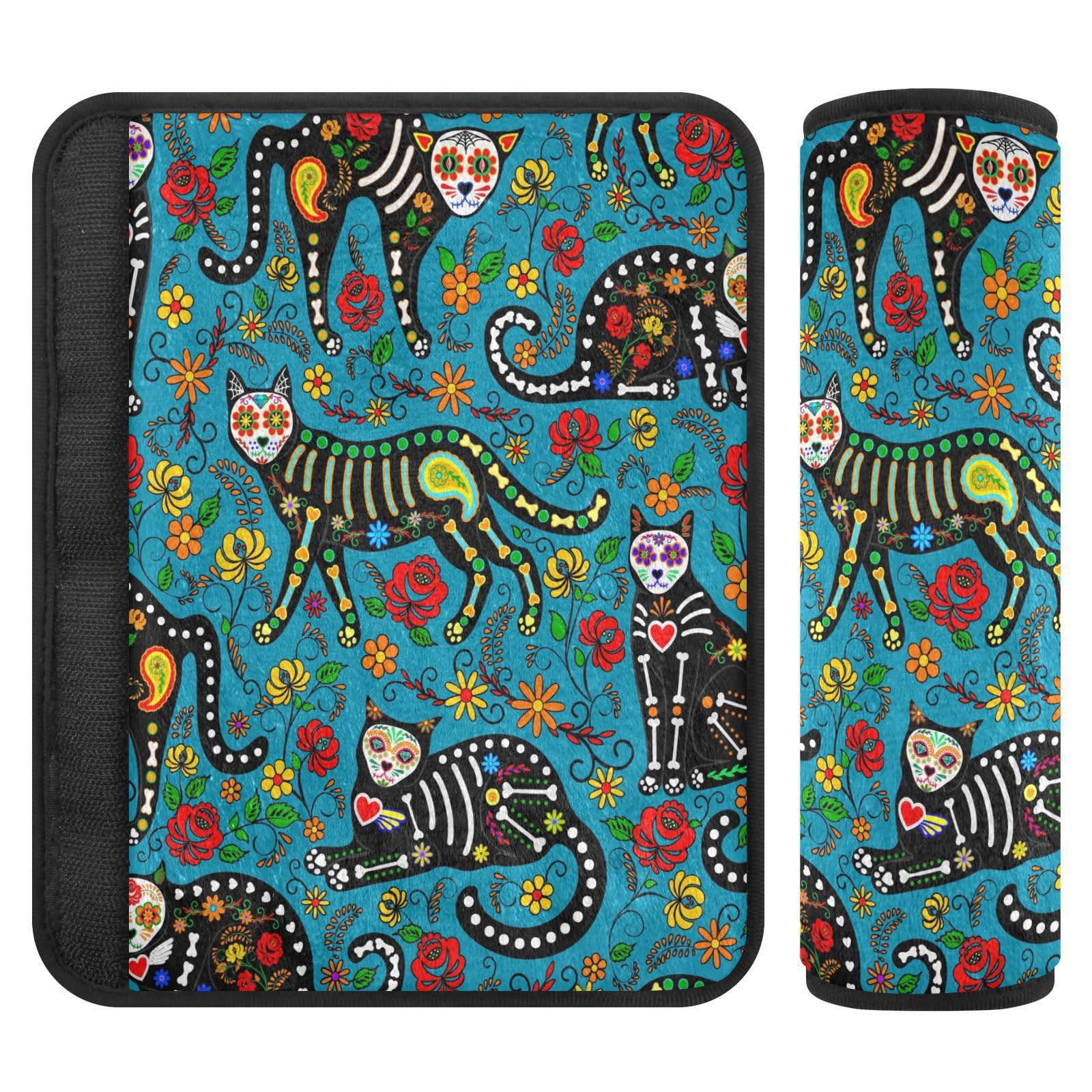 Halloween Sugar Skull Cat Seat Belt Covers 2 Pack Car Seat Strap Covers Super Soft Car Seat Neck Cover for Boys Girls Adults Babies