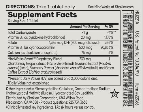 Shaklee MindWorks® - Brain Health Supplement for Brain Sharpness & Focus - Supported Nutrients & Extracts - Chardonnay Grape Seed Polyphenols, Guarana Extract, Vitamins B6, B12, Folate - 30 Tablets