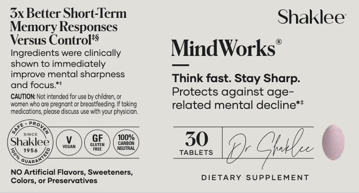 Shaklee MindWorks® - Brain Health Supplement for Brain Sharpness & Focus - Supported Nutrients & Extracts - Chardonnay Grape Seed Polyphenols, Guarana Extract, Vitamins B6, B12, Folate - 30 Tablets