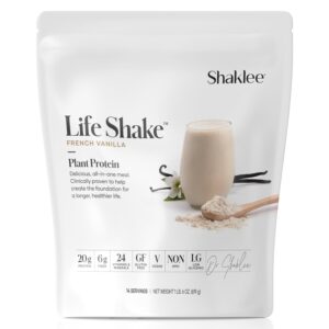 shaklee life shake™ plant protein french vanilla - complete meal replacement with 20g protein, 6g fiber, 24 vitamins & minerals - supports satiety & healthy weight - non-gmo - 14 servings