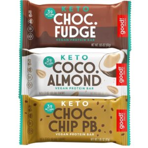 good! snacks keto vegan protein bars, variety pack, gluten free keto snack bar, low carb, low sugar meal replacement, 11g protein, 3g net carbs, 12 bars