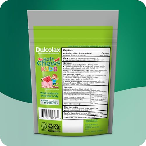 Dulcolax Kids Saline Laxative Soft Chews, Gentle Constipation Relief for Kids, Watermelon Flavor, Magnesium Hydroxide 1200 mg, 15 Count