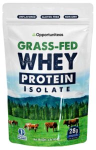 opportuniteas grass fed whey isolate protein powder - unflavored 28g protein powder without artificial sweeteners, hormone-free cows, non gmo - 1lb